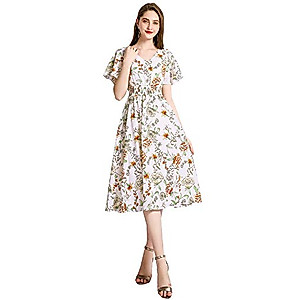 Chiffon Floral Summer Sun Beach Dresses for Women 2023 with V Neck Elastic Waist White Flower M