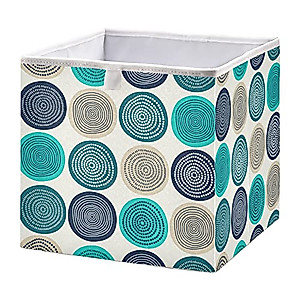 Oyihfvs Seamless Circles Turquoise Blue Brown on White Vintage Style Square Foldable Cube Storage Basket Collapsible Fabric with Handles Bag Organizer Clothes for Home Bedroom 11 x 11 x 11 in