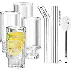 ALINK Ribbed Glassware Drinking Glasses with Straws Set of 4, Vintage Fluted Glassware Iced Coffee Cups, Origami Style Ridged Glass Tumbler for Coocktail, Whiskey, Beer, Water- 2 Cleaning Brush
