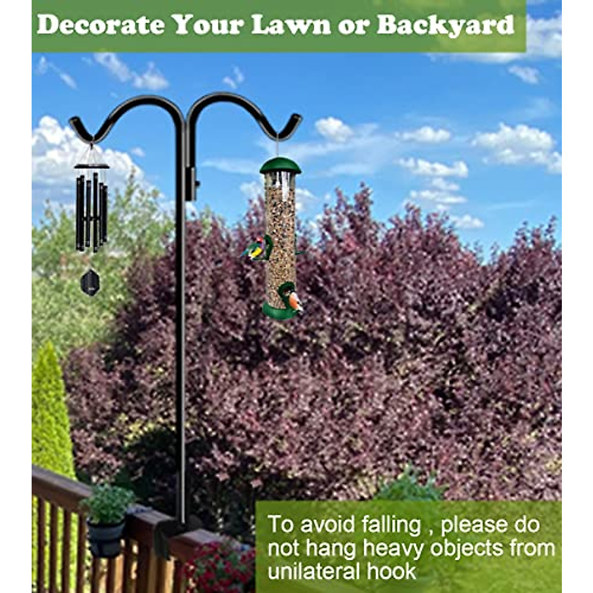 Koutemie 40 Inch Tall Double Deck Hook for Railing, Adjustable Outdoor Shepherds Hook with 2-Inch Strengthened Clamp for Hanging Plant Bird Feeder, 1 Pack