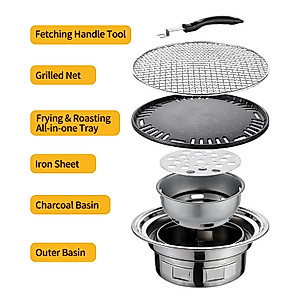 XIXIAN 13 Inch Korean BBQ Grill Multifunctional Charcoal Barbecue Grill Round Camping Grill Stove Tabletop Smoker Grill Grilled Net & Tray for Courtyard Picnic Beach BBQ