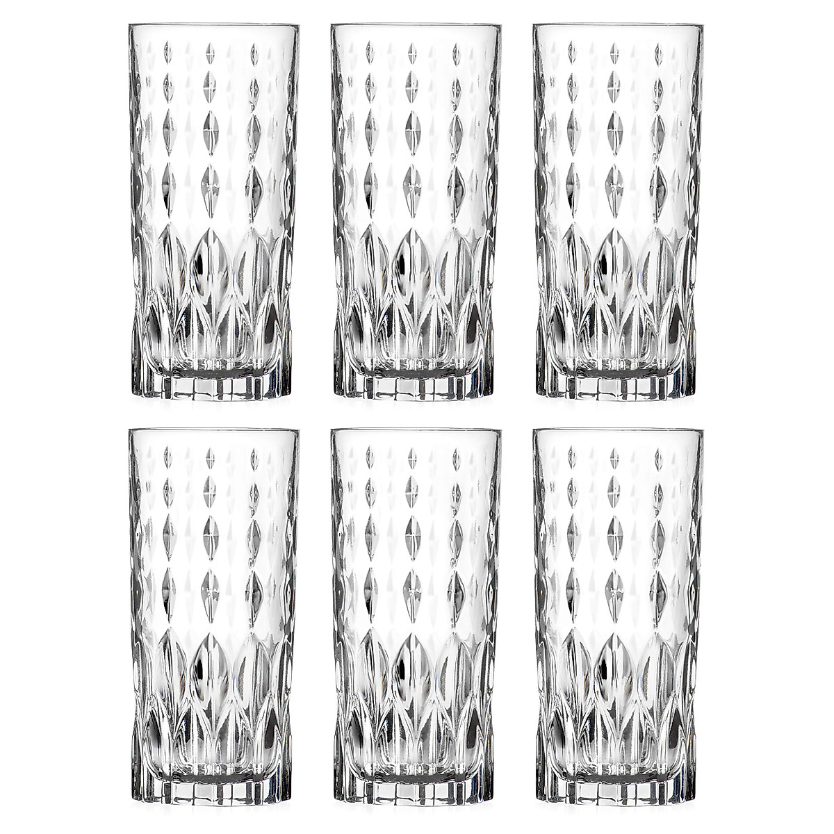 Highball - Glass - Set of 6 - Hiball Glasses - Crystal like Glass - Beautiful Designed - Drinking Tumblers - for Water, Juice, Wine, Beer and Cocktails - 13 oz. - by Barski - Made in Europe