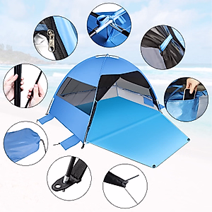 Large Easy Setup Beach Tent,Anti-UV Shelter Canopy Sun Shade with Extended Floor & 3 Mesh Roll Up Windows Fits 3-4 Person,Portable Shade Tent for Outdoor Camping Fishing (Blue)