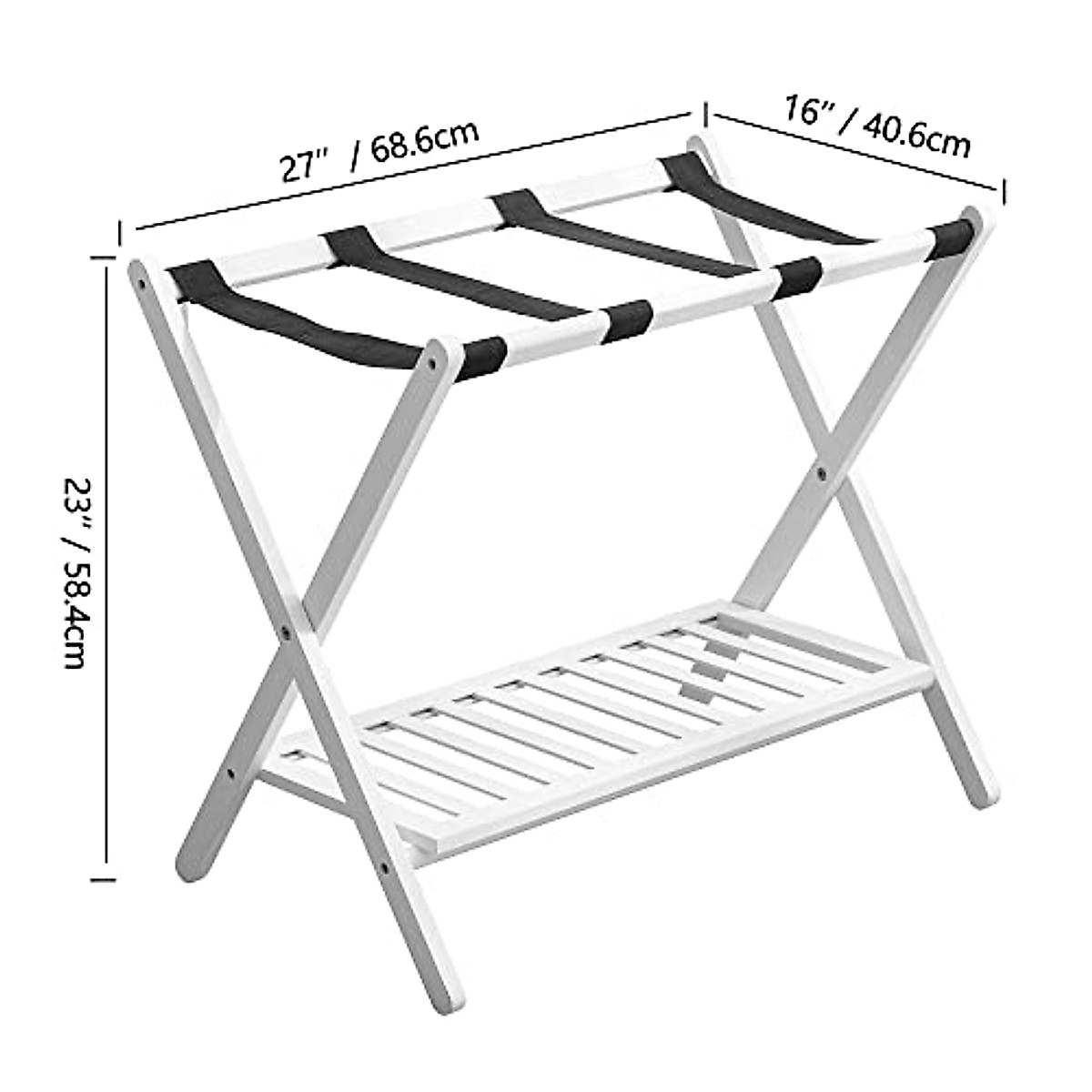 Zoopolyn Luggage Rack with Storage Shelf for Guest Room Folding Suitcase Bamboo Stand Hotel Bedroom White