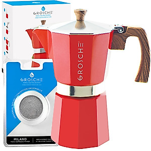 GROSCHE Milano Stovetop Espresso Maker Moka pot 9 espresso Cup - 15.2 oz, Red and 3 Replacement Seals Gaskets Bundle Stove top coffee maker Moka Italian espresso coffee maker and replacement gaskets