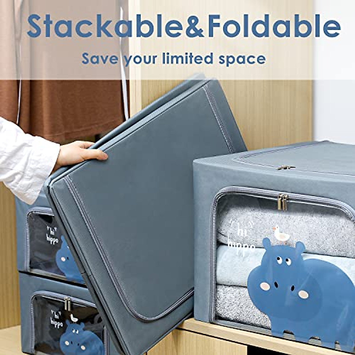 Furnhome Cute Storage Bins, Foldable Toy storage bins-Stackable Stuffed Animal Storage Bins,Lovely Clothes Storage Bins, Sturdy Storage Chest with Zippers & Clear Window & Steel Frame & Carry Handles(Walrus,Small×2).