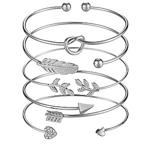 Softones 5pcs Bangle Silver Bracelets for Women Heart|Olive Leaf|Arrow|Feather|Knot Heart Open Cuff Bracelet Set Adjustable
