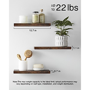 BAYKA Floating Wood Shelves - Wall Mounted for Bathroom,Bedroom,Living Room,Kitchen,Small Hanging Shelf for Books/Storage/Room Decor with 22lbs Capacity(Rustic Brown,Set of 3,15.7inch)
