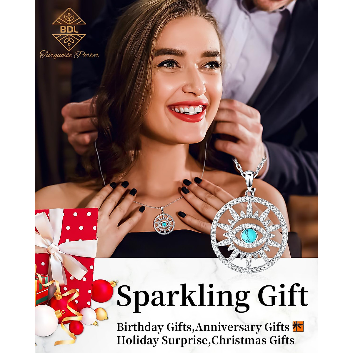 BDL Evil Eye Necklace - Sterling Silver Natural Turquoise Genuine With 5A Cubic Zirconia, Third Eye Necklace Ojo Turco Pendant, Christmas Gifts for Women Girls