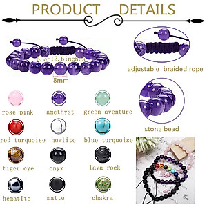 FINZOR 12Pcs 8mm Stone Beads Bracelets for Women Men Semi-precious Gemstone Crystal Beaded Bracelets Lava Rock Tiger Eye Amethyst Chakra Bracelets Unisex Adjustable