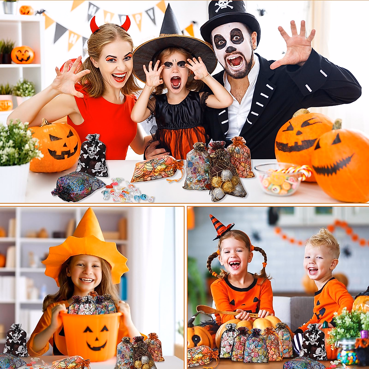 DTOFOOT Halloween Organza Bags, Black Mesh Drawstring Goodie Bags Halloween Candy Treat Bags for Kids Tick or Treat Small Gift Bags for Halloween Party Favors (40 Pcs)