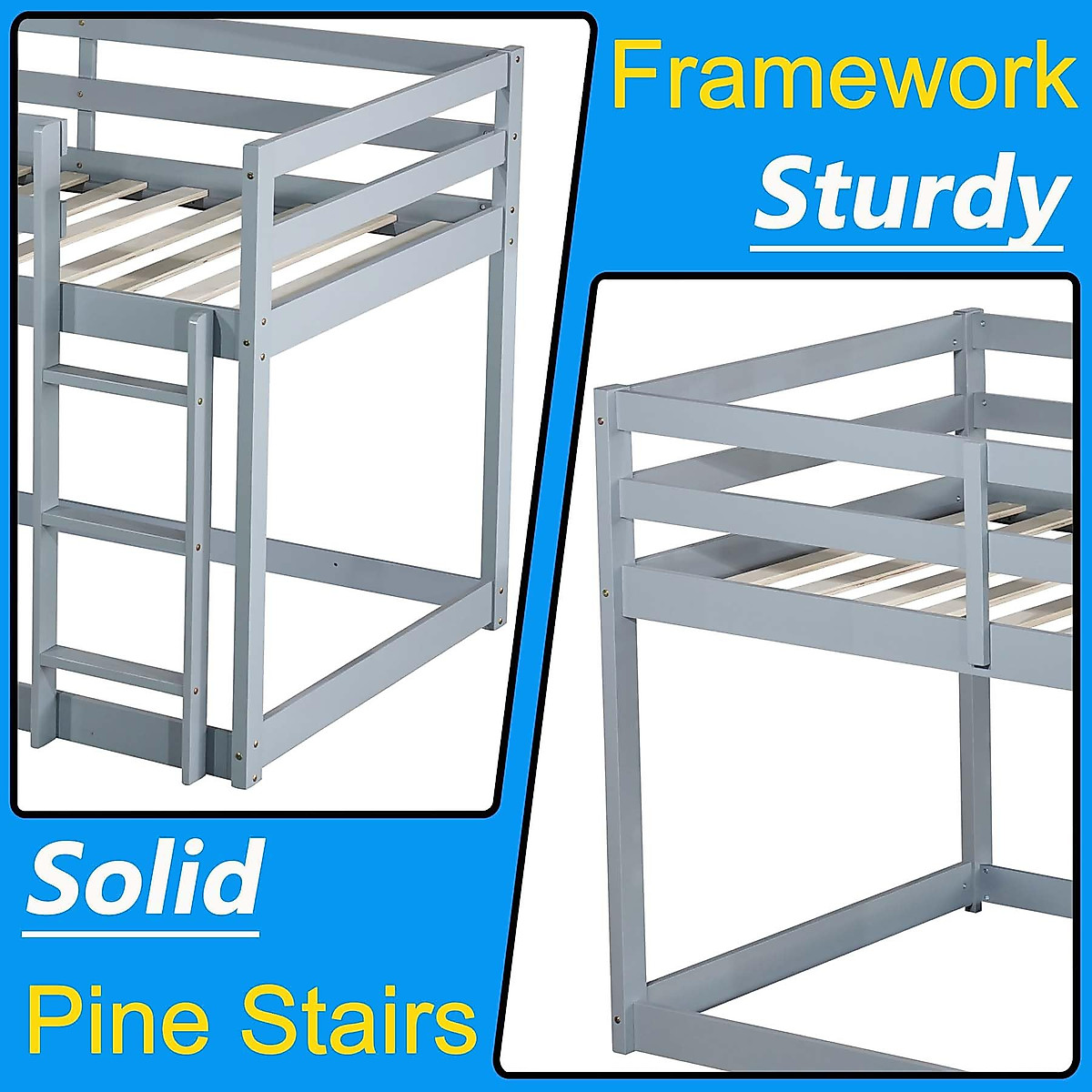 Anwick Twin Over Twin Low Bunk Bed with Stairs and Rails, Wooden Bunk Beds Frame with Safety Guardrail and Slats for Toddlers, Kids, Teens, Boys, Girls, Noise-Free (Grey)