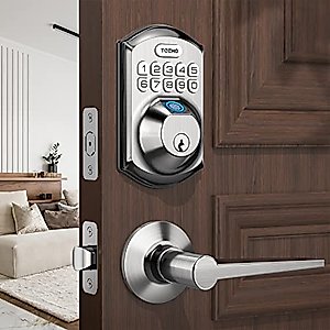 TEEHO TE002L Fingerprint Door Lock with 2 Lever Handles, Keyless Entry Deadbolt with Handle Set, Electronic Keypad Deadbolt for Front Door, Auto Lock and 1 Touch Locking, Satin Nickel