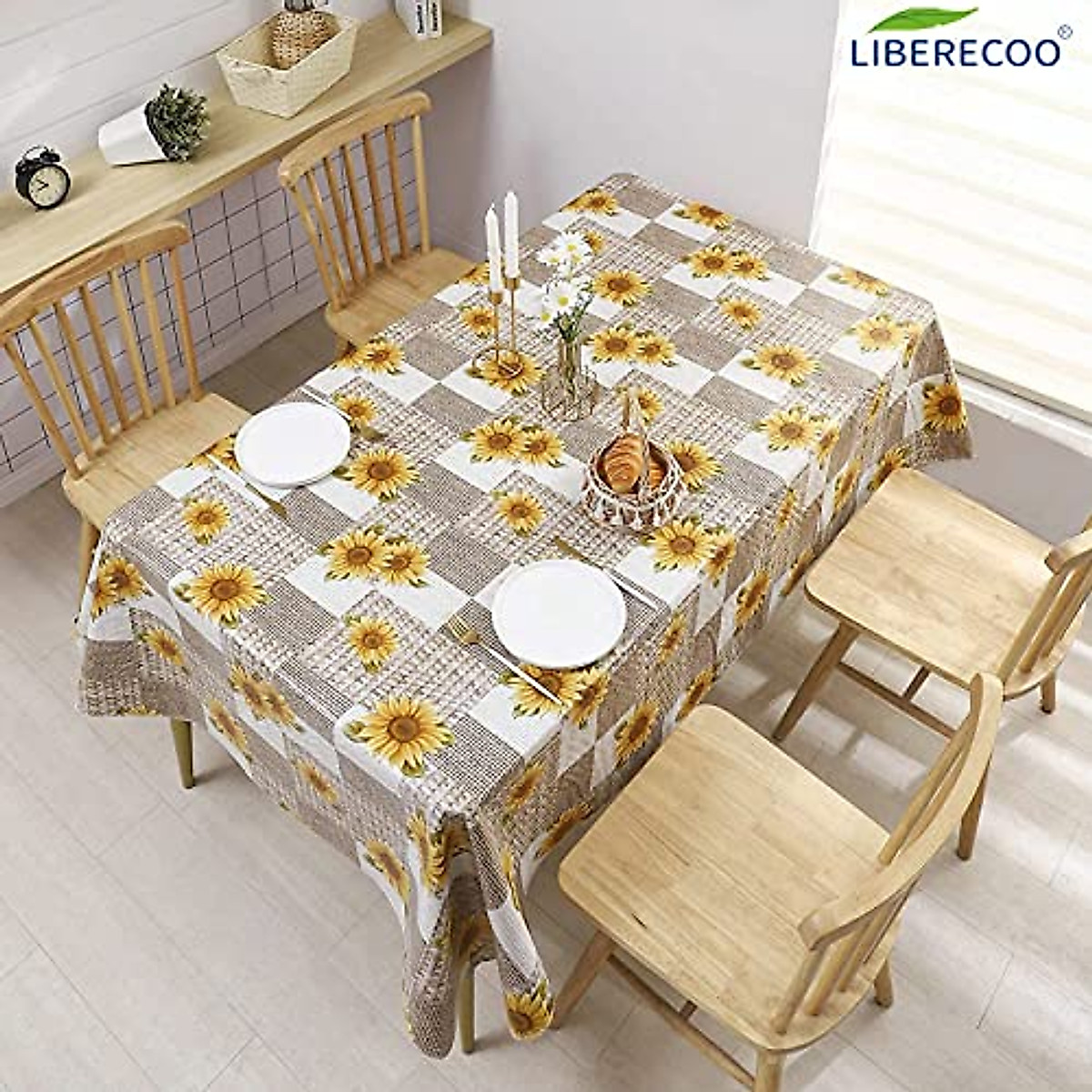 LIBERECOO Vinyl Tablecloth Flannel Backed Stain-Resistant PVC Table Cloth Waterproof Oil-Proof Wipeable Indoor/Outdoor Picnic, BBQ and Dining Table Cover(60 x 84 Inch, Sunflower)