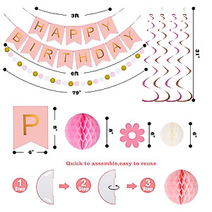 meowtastic Pink Birthday Decorations - Pink Happy Birthday Banner with Honeycomb Ball, Daisy Flower Hanging Swirl Streamer, Circle Dot Garland Decoration - Birthday Party Decoration for Women Girls