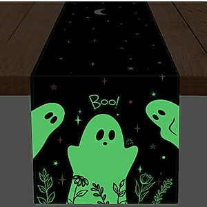 Halloween Luminous Table Runner Cute Ghost Floral Stars Noctilucent Runner Farmhouse Holiday Home Party Kitchen Dining Table Glow in The Dark Indoor Outdoor Decoration 13x72 Inch