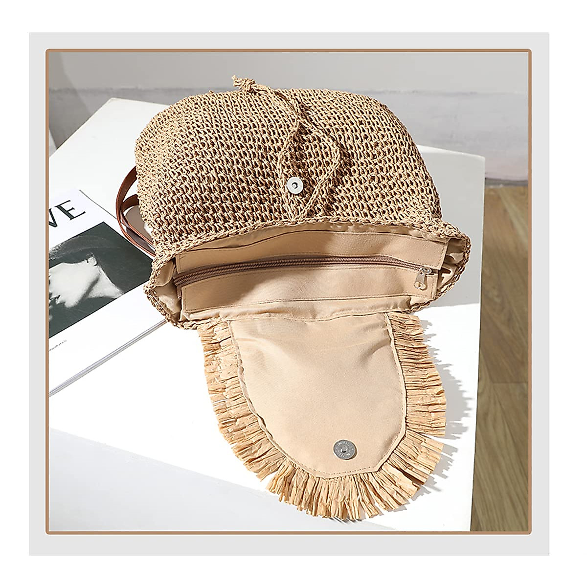 Erichman Women Fashion Straw Handmade Crochet Backpack Flap Drawstring Shoulders Bag Casual Beach Daypack (Brown,One Size)