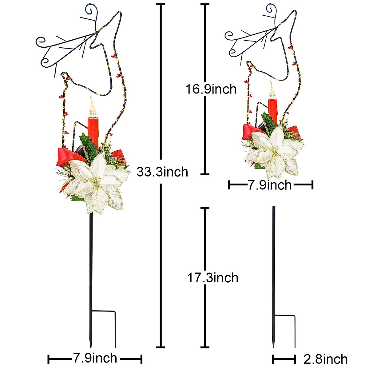 OBABA 2 Pack Solar Christmas Yard Stake Lights,Outdoor Decor Garden Metal Reindeer 33" Stakes LED Candle Light,Holiday Ornament for Home Lawn Pathway Walkway Driveway Winter Decoration