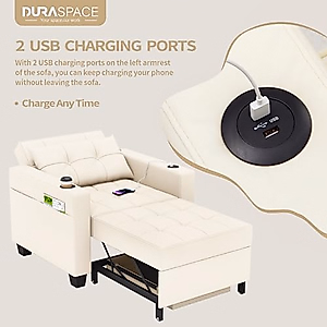 DURASPACE 39 inch Futon Chair Bed Convertible Chair 3-in-1 Pull Out Sleeper Reading Chair Beds with USB, Armchair Sleeper Bed for Living Room, Dorm, Small Space (Off White Faux Leather)