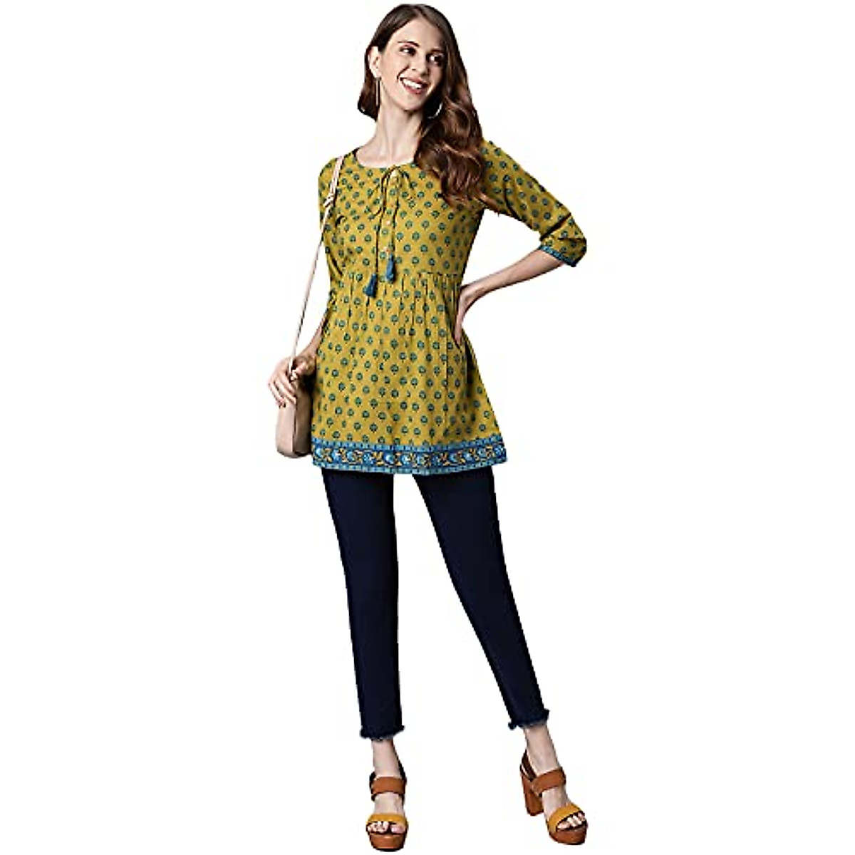 Janasya Indian Women's Green Cotton Tunic(JNE3688-TU-S)