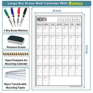 Large Dry Erase Calendar For Wall Monthly,24x36 Inch Big Vertical Blank White Board Calendar Fit to Narrow Wall,Giant Laminated Erasable 30 Day Schedule Planner Poster for Family,Office,Classroom