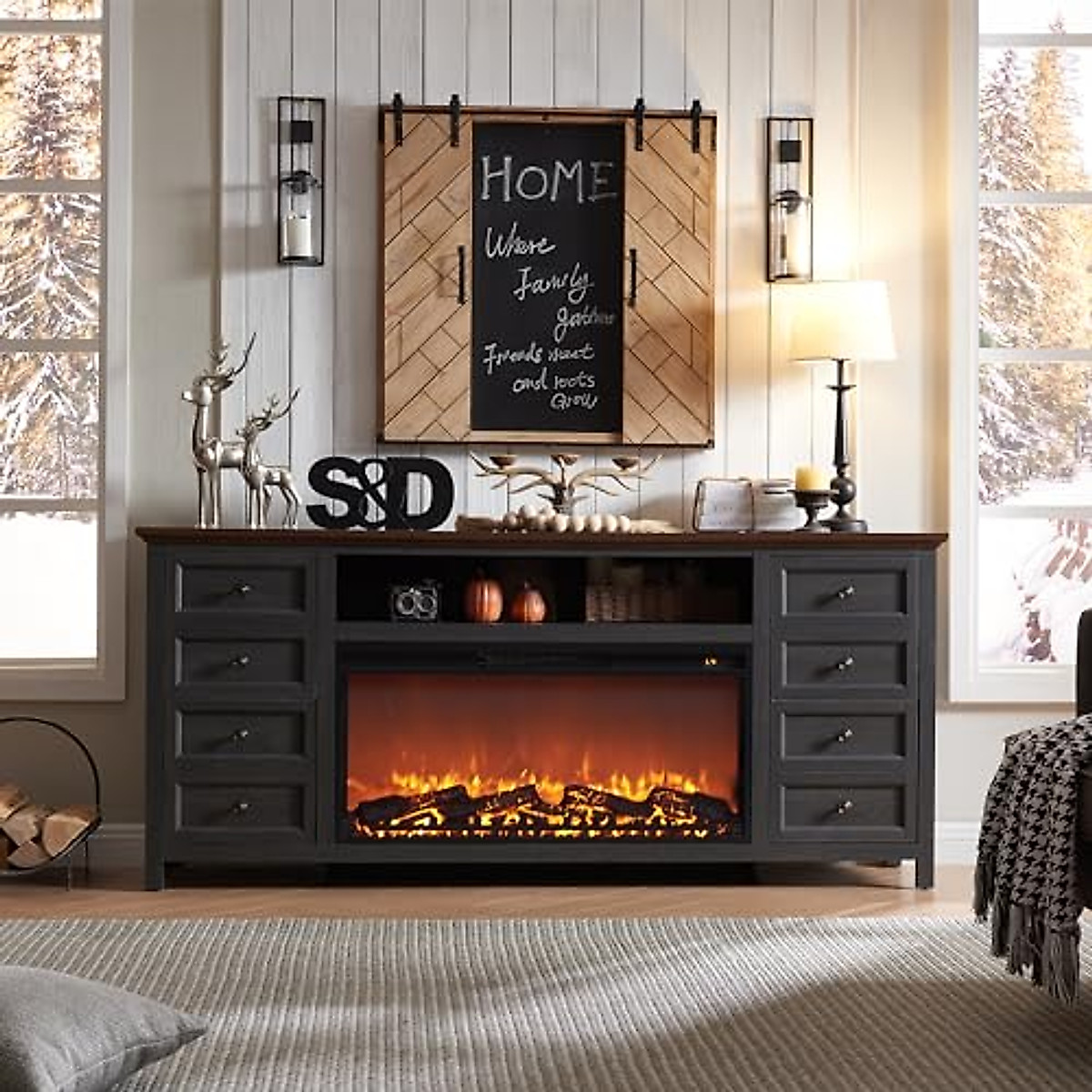 SinCiDo Fireplace TV Stand for TVs up to 80 Inches, Farmhouse Entertainment Center w/36 Electric Fireplace & 4 Faux Double Drawers, Large Media Console Cabinet for Living Room, 70 Inch, Dark Grey