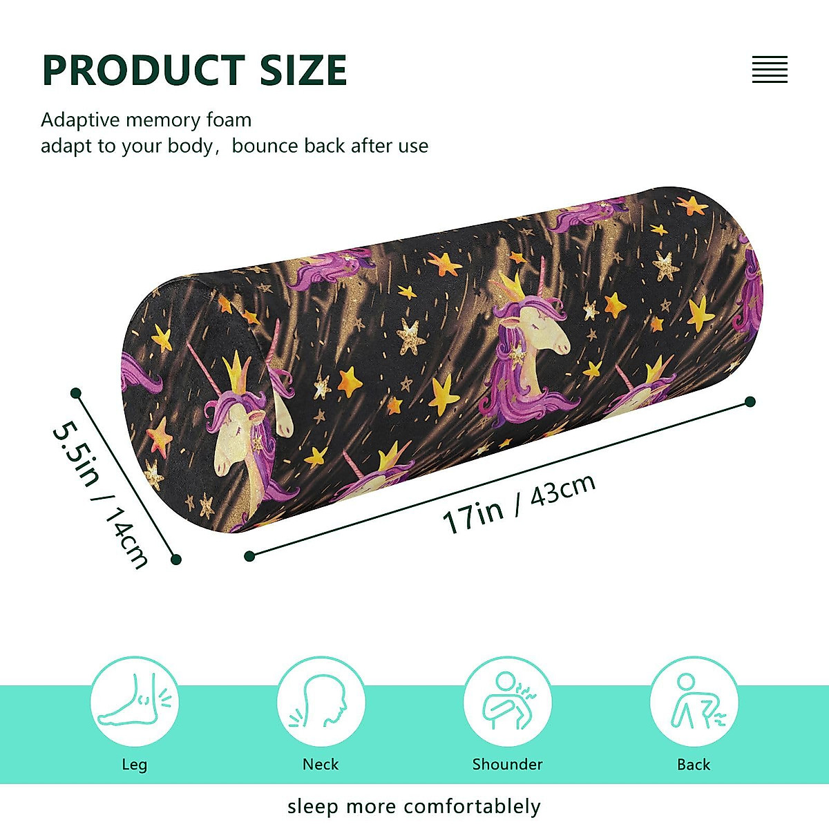 Unicorn Shine Star Neck Support Pillow Round Neck Roll Bolster Cylinder Pillow Cervical Pillows Body Pillow for Leg Knee Back Head Support for Work Women Men Traveling Headrest