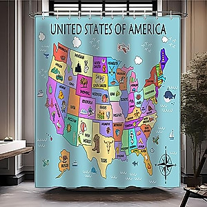 DLTAY United States Map Shower Curtain, USA Shower Curtain Cartoon Animal US Map Kids Educational Shower Curtain Set Waterproof Bath Tub Curtain Bathroom Decor with 12 Hooks, 72x72 inches