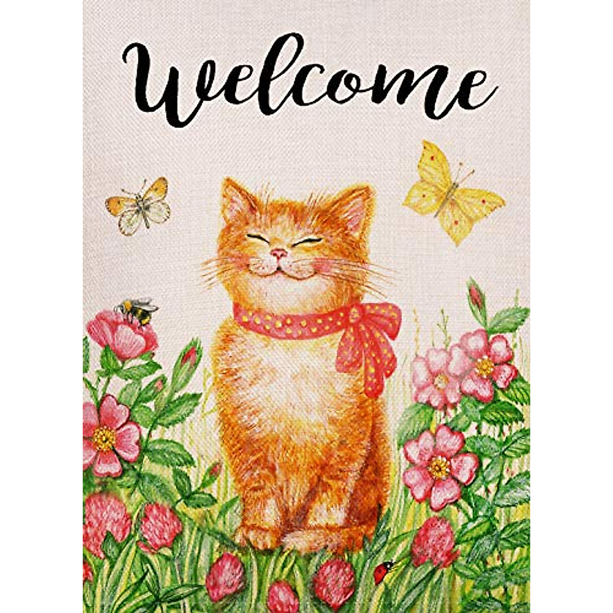 Welcome Cat Kitten Garden Flag Vertical Double Sided Spring Farmhouse Burlap Yard Outdoor Décor 12.5 x 18 Inch