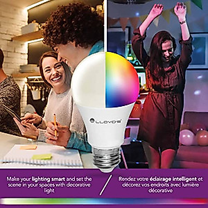 Lloyd's WiFi Smart A19 Bulb, Multicolor + White Light Range (Warm White to Cool White, 2700K-6500K), Works with Alexa and Google Home, 9W, No Hub Required, Dimmable from App, for 2.4 GHz Networks