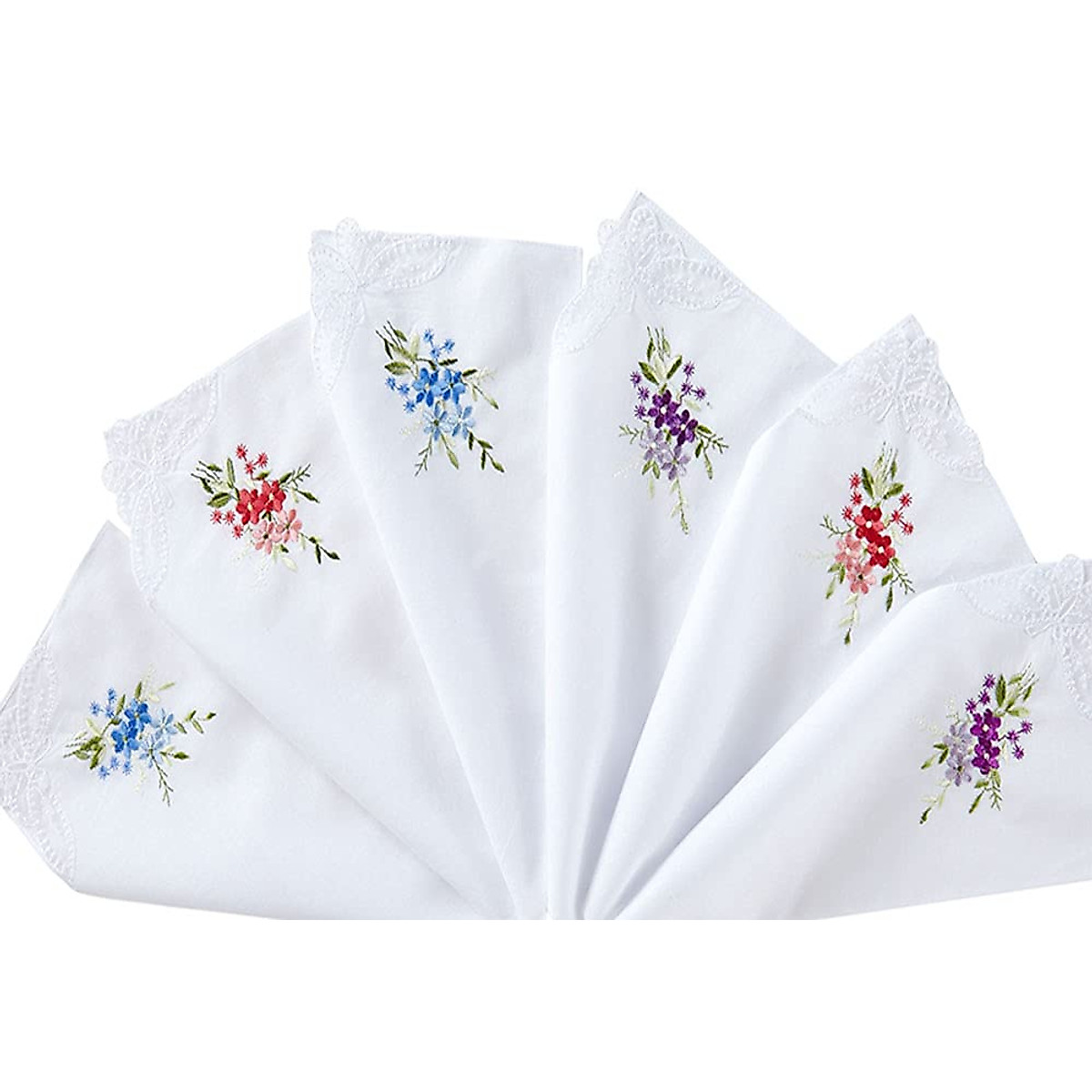 Women&#039;s 100% Cotton Handkerchief,Embroidery Hankies Pack of 6, White, One Size
