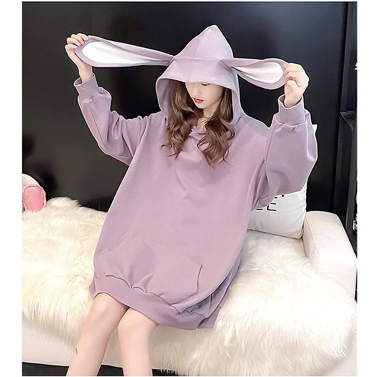 Women Kawaii Bunny Ear Hoodie Rabbit Aesthetic Cute Oversized Japanese Hooded Sweatshirt Long Sleeve Top Fall Winter (Purple,XL,X-Large)