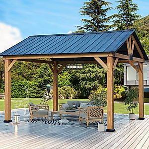 YOLENY 11' x 13' Wood Gazebo Outdoor Gazebo Spruce Wood Framed Gazebo with Black Steel Hardtop Roof for Garden, Patio, Lawns, Parties