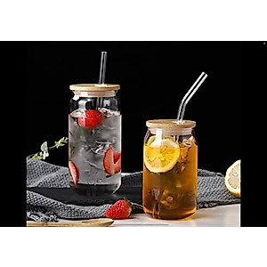 [4 pc set] Can Shaped Drinking Glass Cups with Bamboo Lid, Glass Straw, and Cleaning Brush. High Borosilicate Glass Material. Excellent for smoothies, soda and iced coffee.