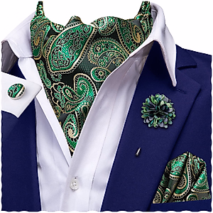 Hi-Tie Green Black Paisley Ascot Ties Formal Cravat Lapel Pin Pocket Square Cufflinks Scarf Wedding Dress Tuxedo