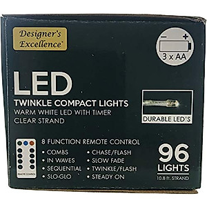LED Twinkle Compact Lights 10.8Ft Warm White w Clear Strand Battery Operated 8 Function Remote Control