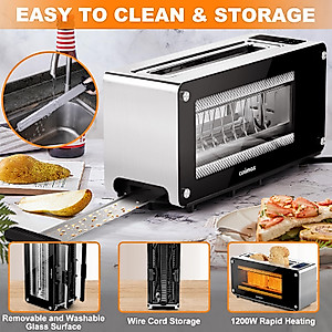 CUSIMAX Toaster 2 Slice,Toaster Long Slot with Clear View Glass Window,One Touch Digital Control Presets with Automatic Lifting,Slide-out Glass Panel and Easy Clean Up Crumb Tray,Black Toaster