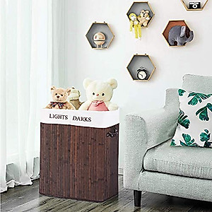 Giantex Double Laundry Hamper Bamboo Foldable Rectangle Hamper with Lid,Cloth Liner and String Handles Storage Bag Laundry Basket(Brown)