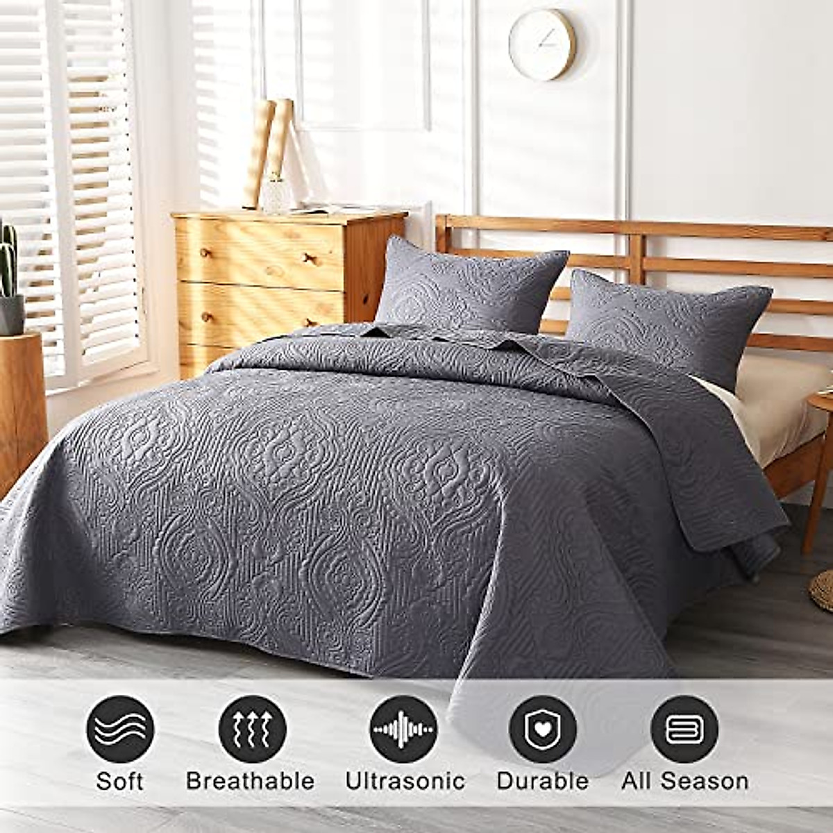 ENJOHOS Oversized King Bedspreads King Size Coverlet, Lightweight Bedspreads for Summer, Reversible Microfiber Embossed Bedding Cover, Dark Grey Quilt Coverlet Set, King/California King