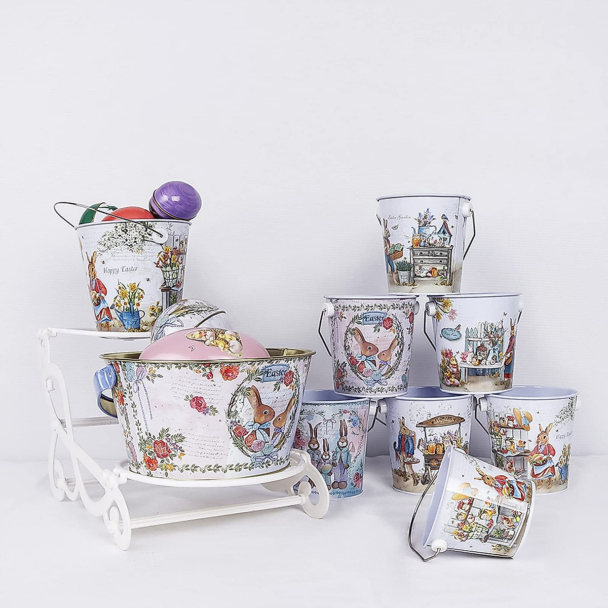 3 Pcs Easter Metal Buckets Easter Bunny Pail Baskets for Easter Eggs Hunt,Easter Pails Gift Baskets for Kids,Kids Easter Party Favor