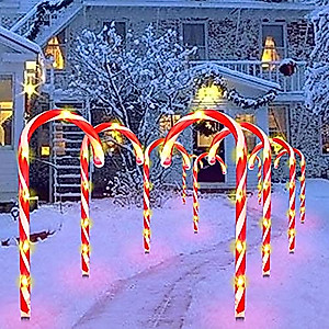 PinPon Candy Cane Lights Outdoor Pathway, 10 Pack 21" Pathway Markers Walkway Lights with Stake, Xmas Decorations for Outdoor Yard Patio Garden
