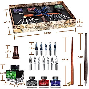 Calligraphy Pen Set - Calligraphy Set For Beginners Includes Oblique Pen Wooden Calligraphy Pen 12 Pen Nibs & 4 Different Color Inks Dip Pen Set Fountain Pen Set Retro Gift