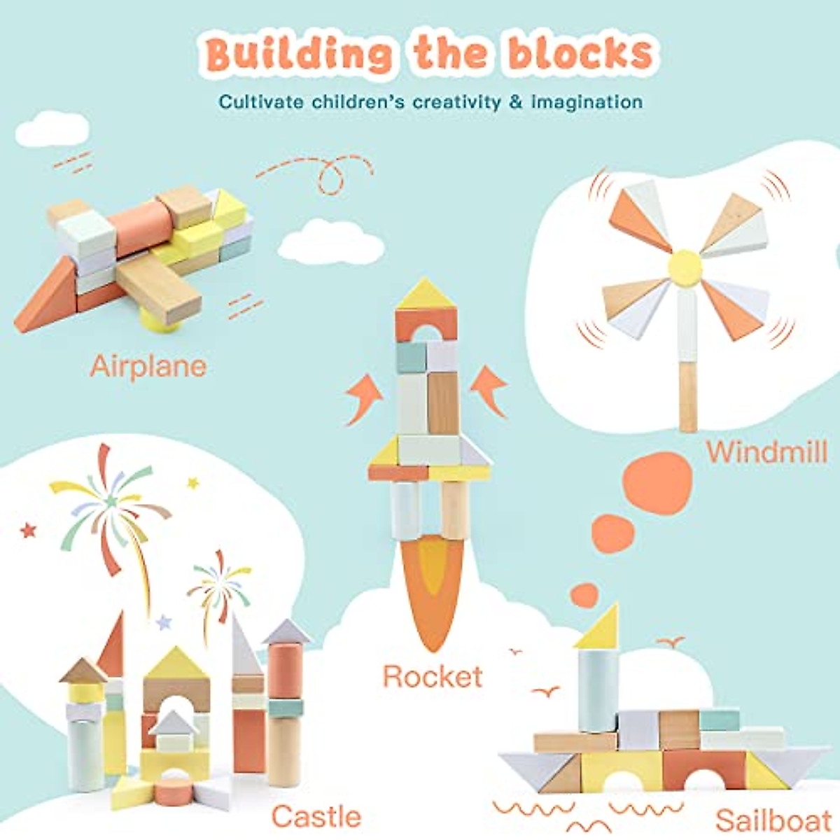 labebe Kids Push and Pull Activity Walker Wooden Baby Walker Toy for Boys/Girls with 54 Wooden Blocks, Toddler Sit to Stand Walking Wagon 12M+