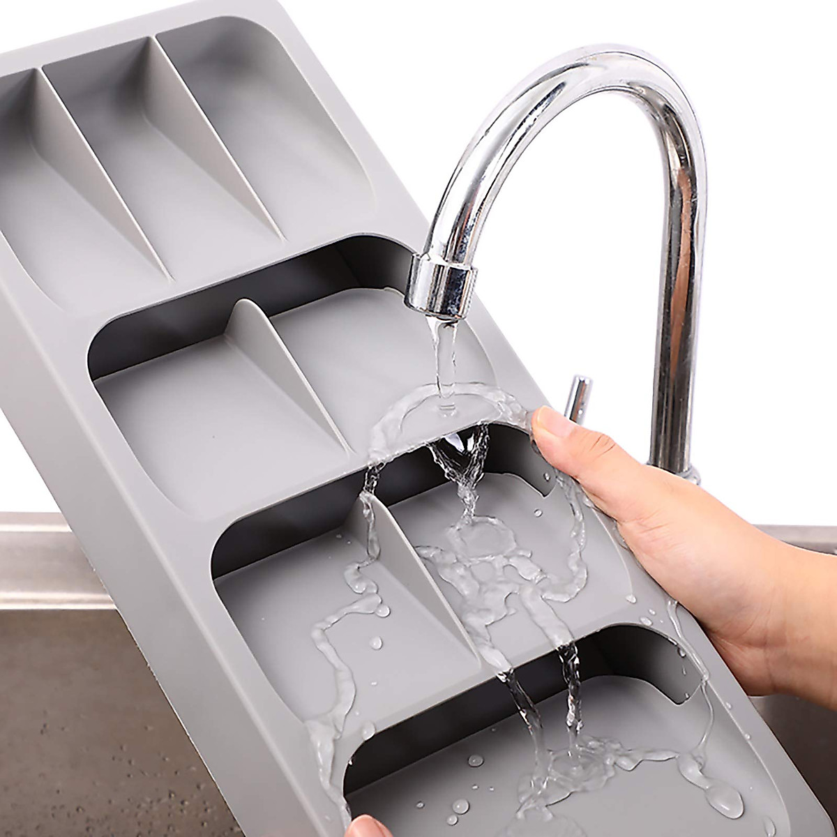 Kacua Silverware Tray for Drawer, Expandable Kitchen Drawer Organizer, Utensil Tray Drawer Organizer for Silverware, Flatware, Knives, Gray