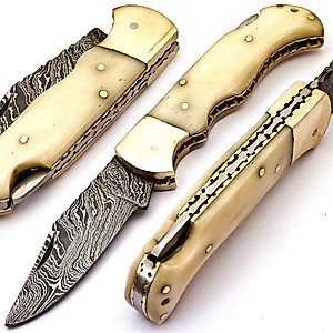 Skokie Knives Custom Hand Made Damascus Steel Hunting Folding Knife Handle Camel Bone