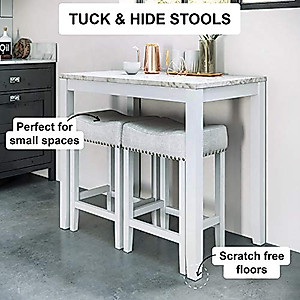 Nathan James Viktor 3 Piece Dining Set, Heigh Kitchen Counter Pub or Breakfast Table with Marble Top and Fabric Wood Base Seat, Light Gray/White