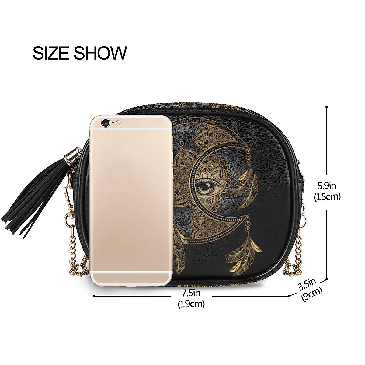 ALAZA PU Leather Small Crossbody Bag Purse Wallet Boho Chic Golden Crescent Moon & Sun Mandala Cell Phone Bags with Adjustable Chain Strap & Multi Pocket