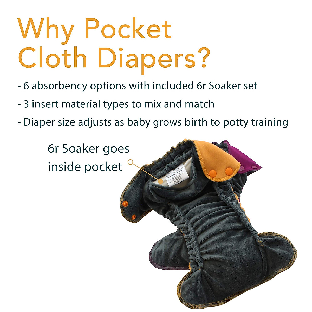 Kanga Care Ecoposh OBV One Size Adjustable Absorbent Pocket Fitted Cloth Diaper for Heavy Wetter Nighttime Organic Bamboo Velour | Saffron (Yellow) 6-35+ lbs