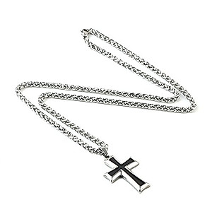HZMAN Mens Stainless Steel Cross Pendant Necklace Flower Basket Chain (Silver)