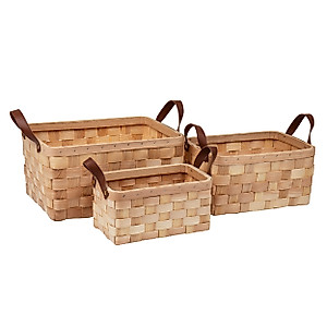 Maison Sucasa Wood Chip Nesting Storage Bin Set, 11, 13, and 16 Lb. (4.9, 5.9 and 7.25 Kg) Capacity, Leather Strap Handles, Home Decor, Set of 3, Brown